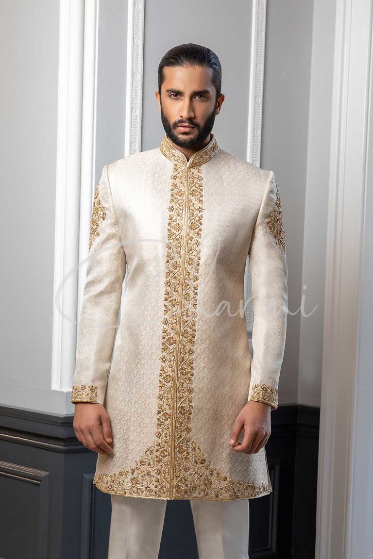 WHITE BROCADE SILK SUIT - IWS05 - £1000 - Charmi Creations